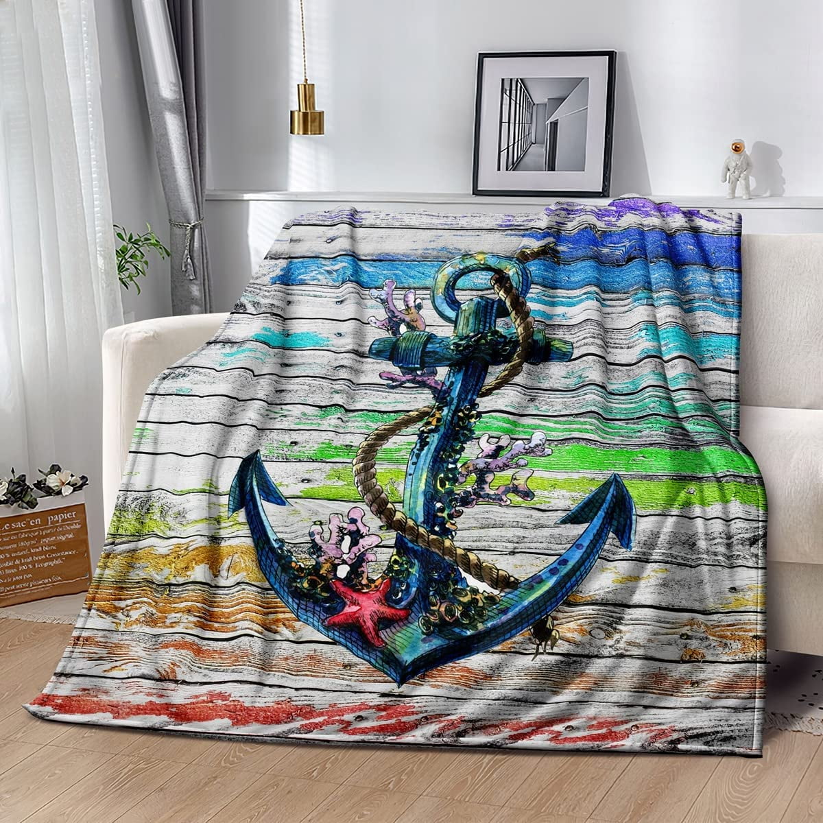 Anchor Throw Blanke,Super Soft Microfiber Nautical Anchor Vintage ...