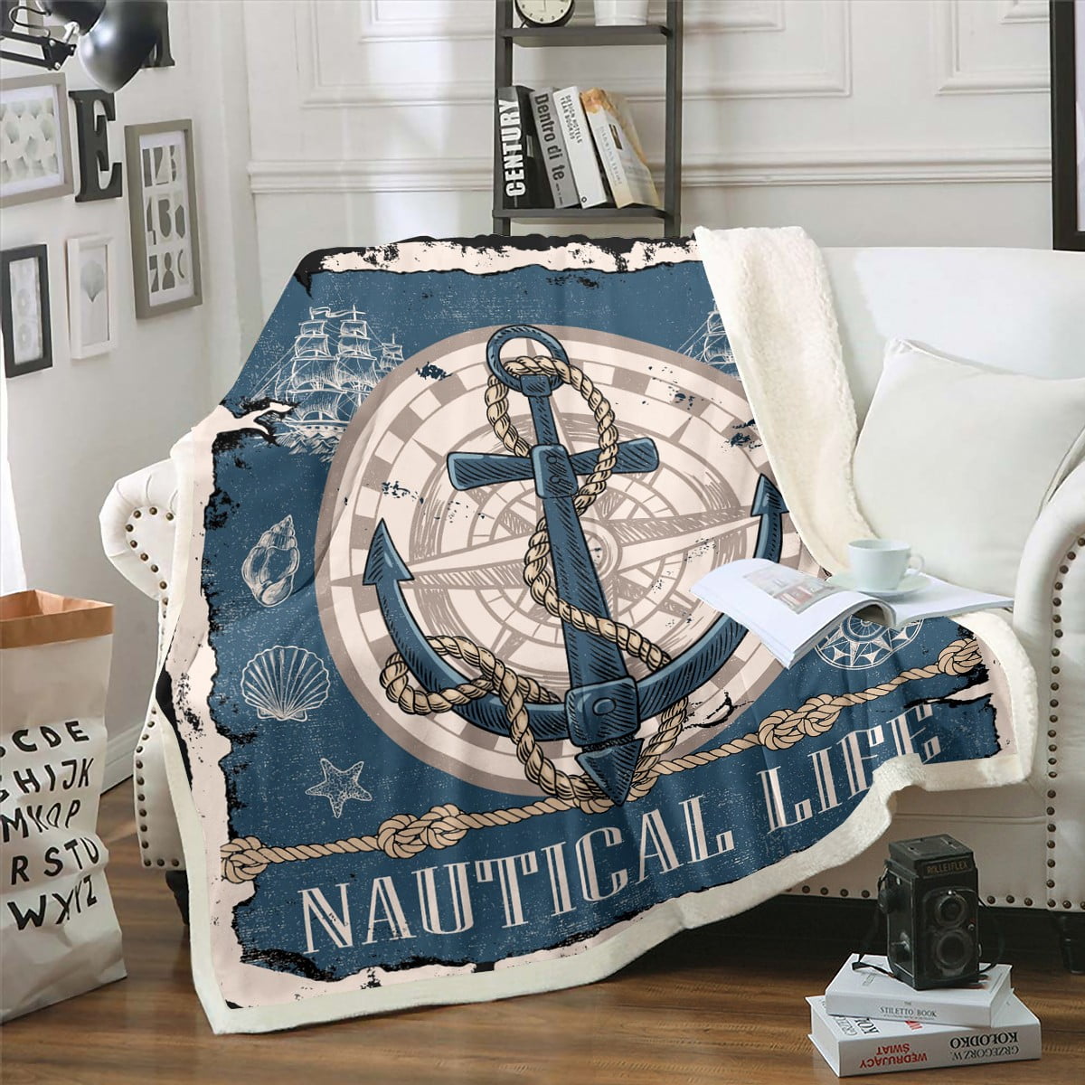 Anchor Throw Blanket Men,Vintage Nautical Fleece Blanket for Teens,Navy ...