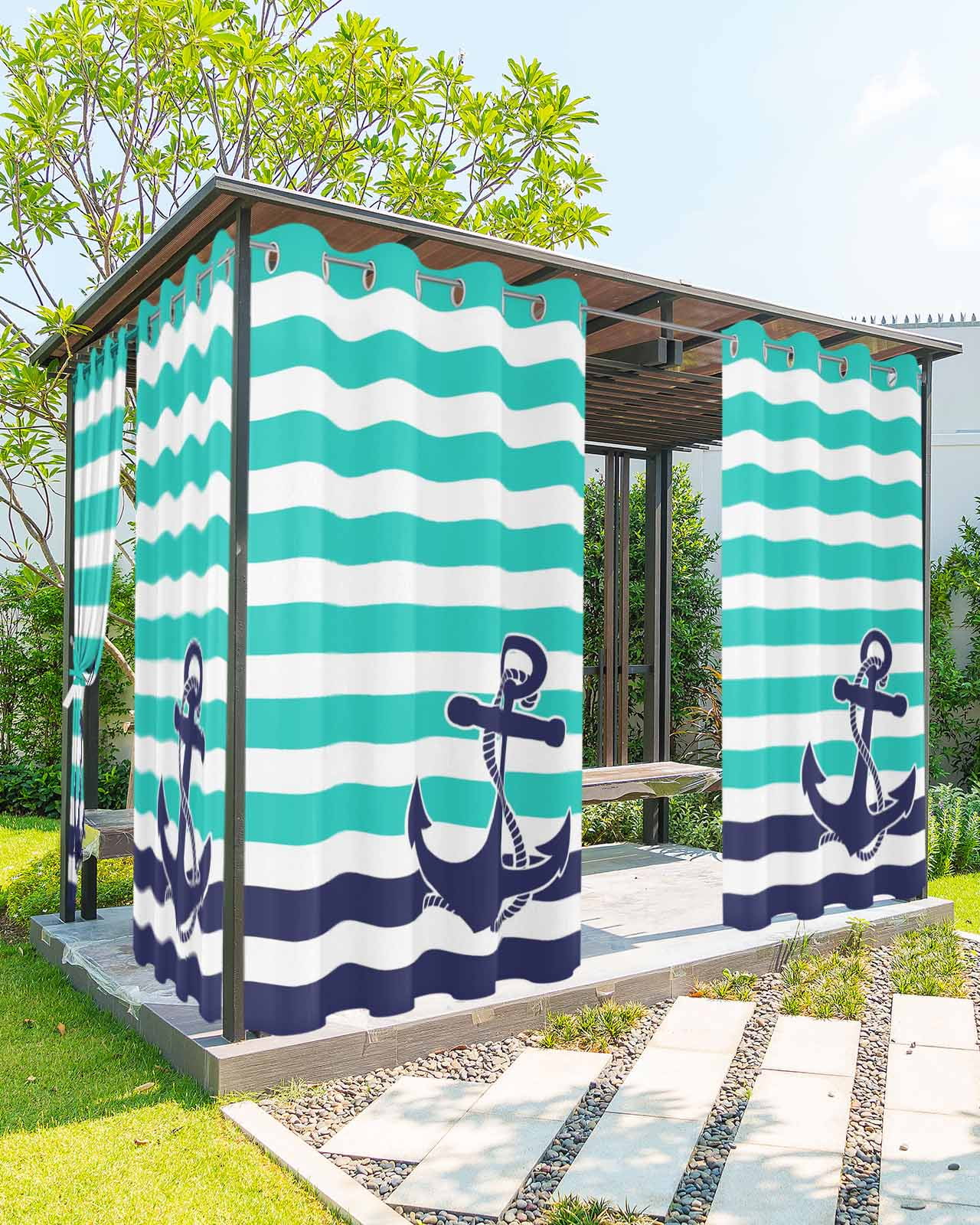 Anchor Turquoise Outdoor Curtains for Patio, Modern Navy Blue White ...