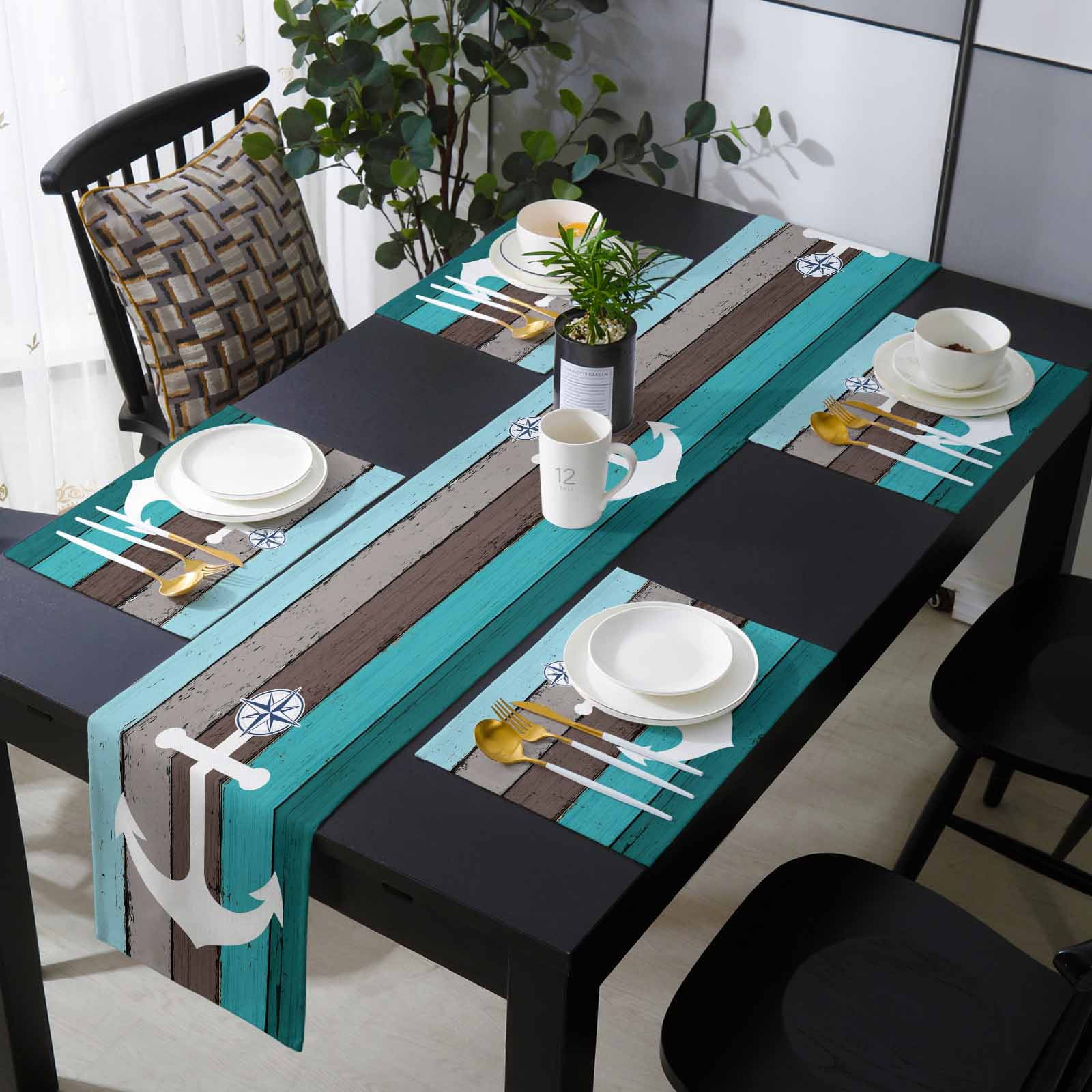 Anchor Turquoise Placemats Set of 4 with 70 Inches Long Table Runners ...