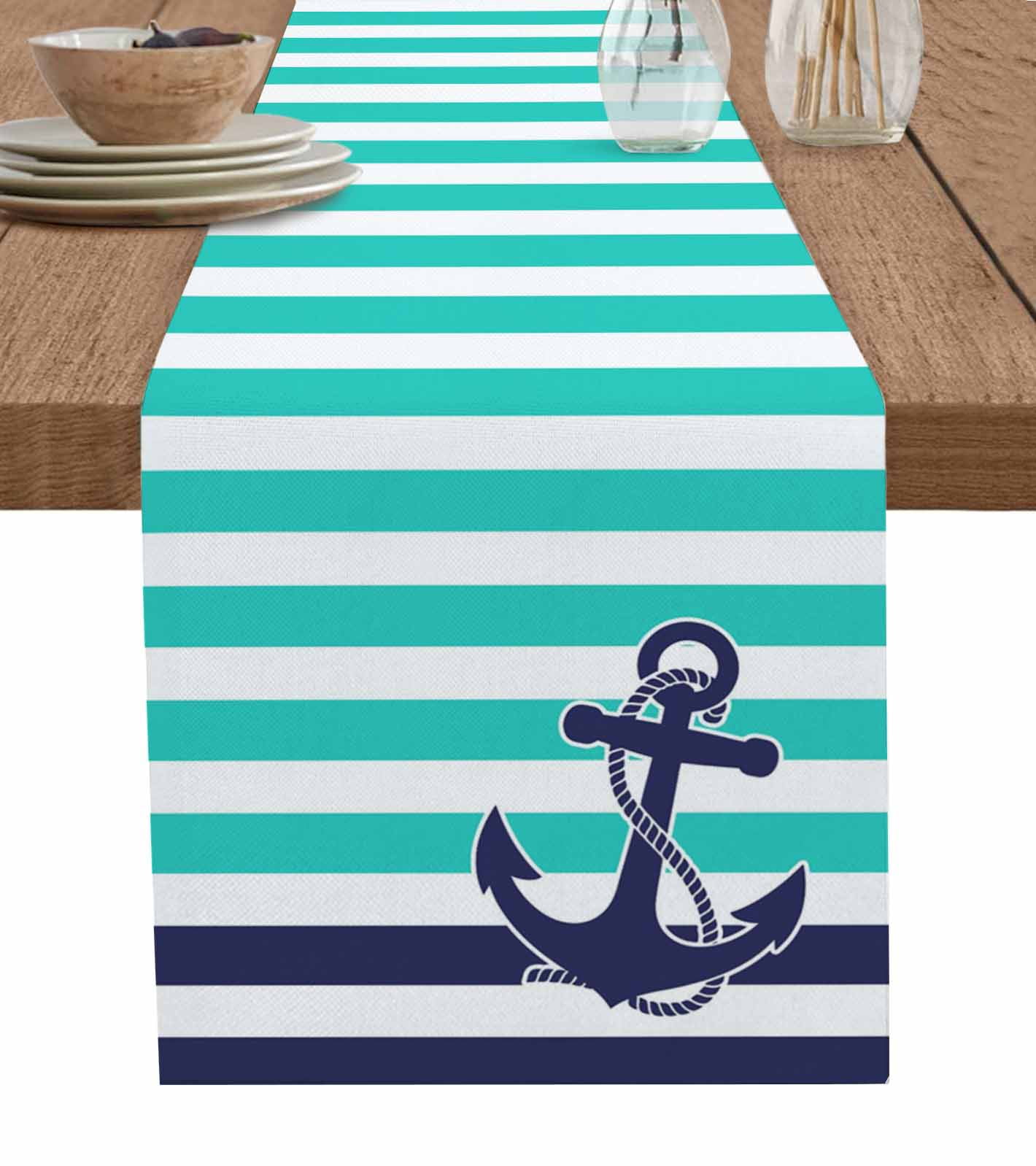 Anchor Turquoise Table Runner 72 Inches, Modern Navy Blue White Striped ...