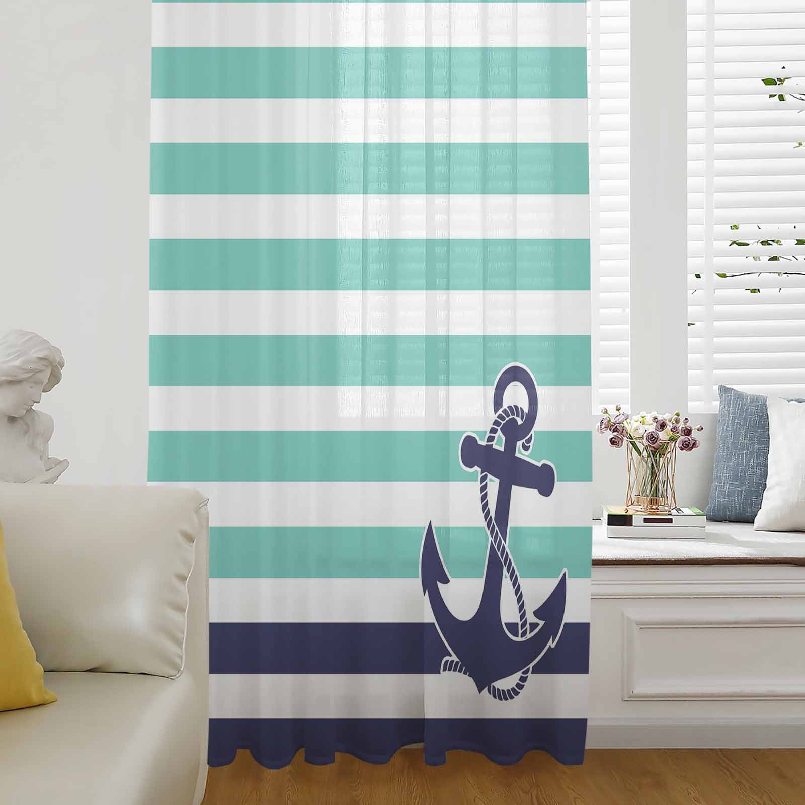 Anchor Turquoise Window Curtain 63 Inches Long,Modern Navy Blue White ...