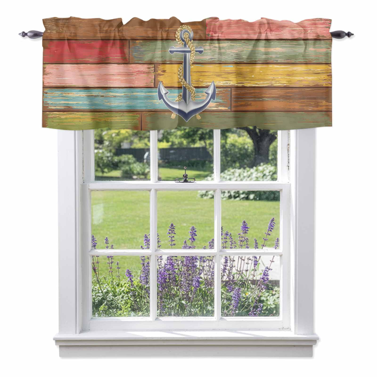 Anchor Valance Curtain for Windows Rope Vintage Brown Green Wood Board ...