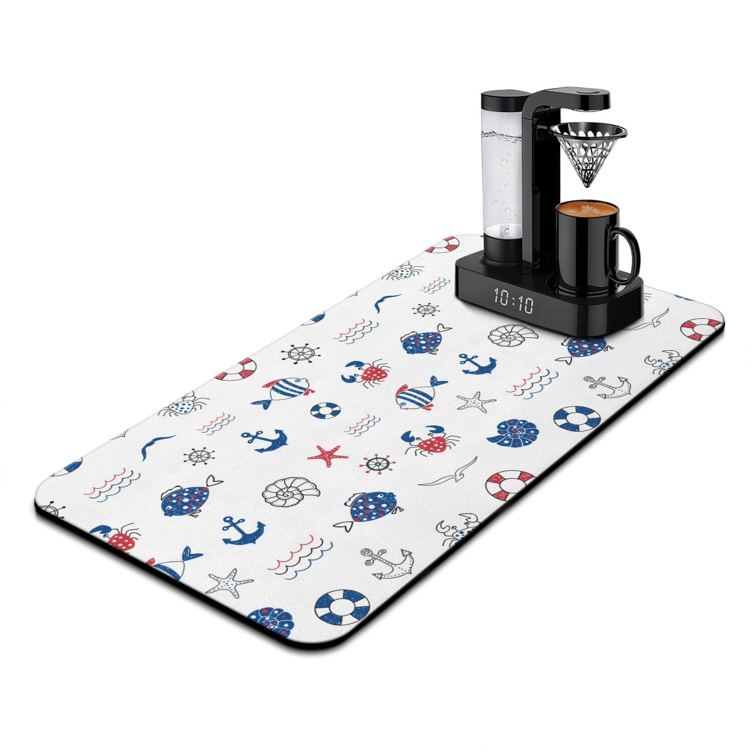 Anchor & Waves Coffee Maker Mat - Coastal Nautical Absorbent Mat for ...