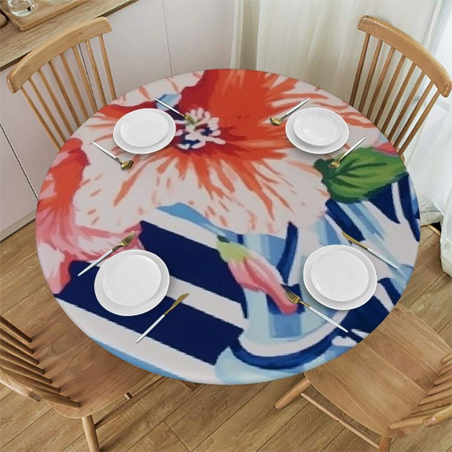 Anchor and Hibiscus Round Table Cloth Cover Beautiful Flower Blue ...