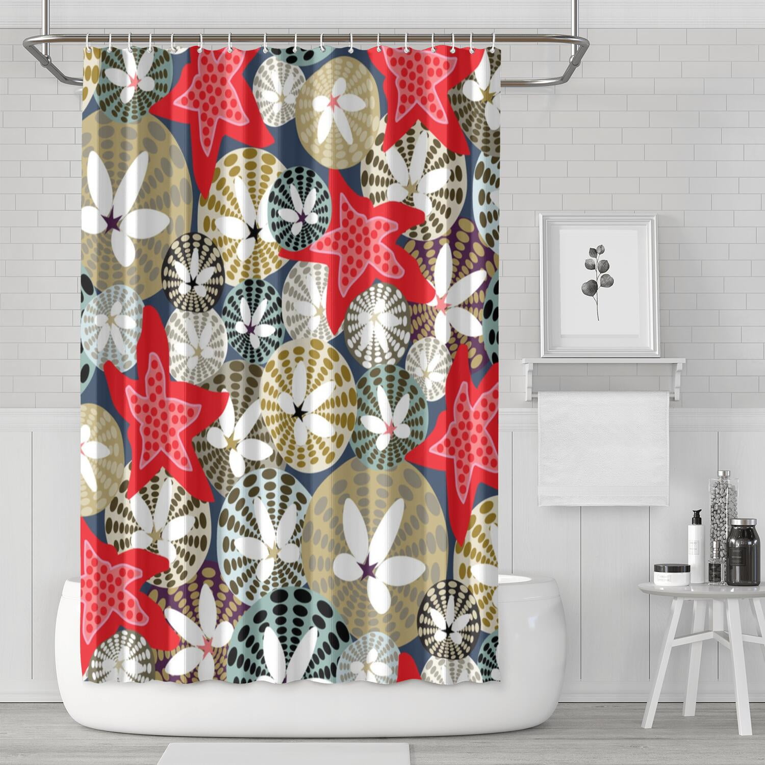 Anchor and Seashell Nautical Shower Curtain 72x72in with Hooks, Beach Coral Starfish Ocean ...