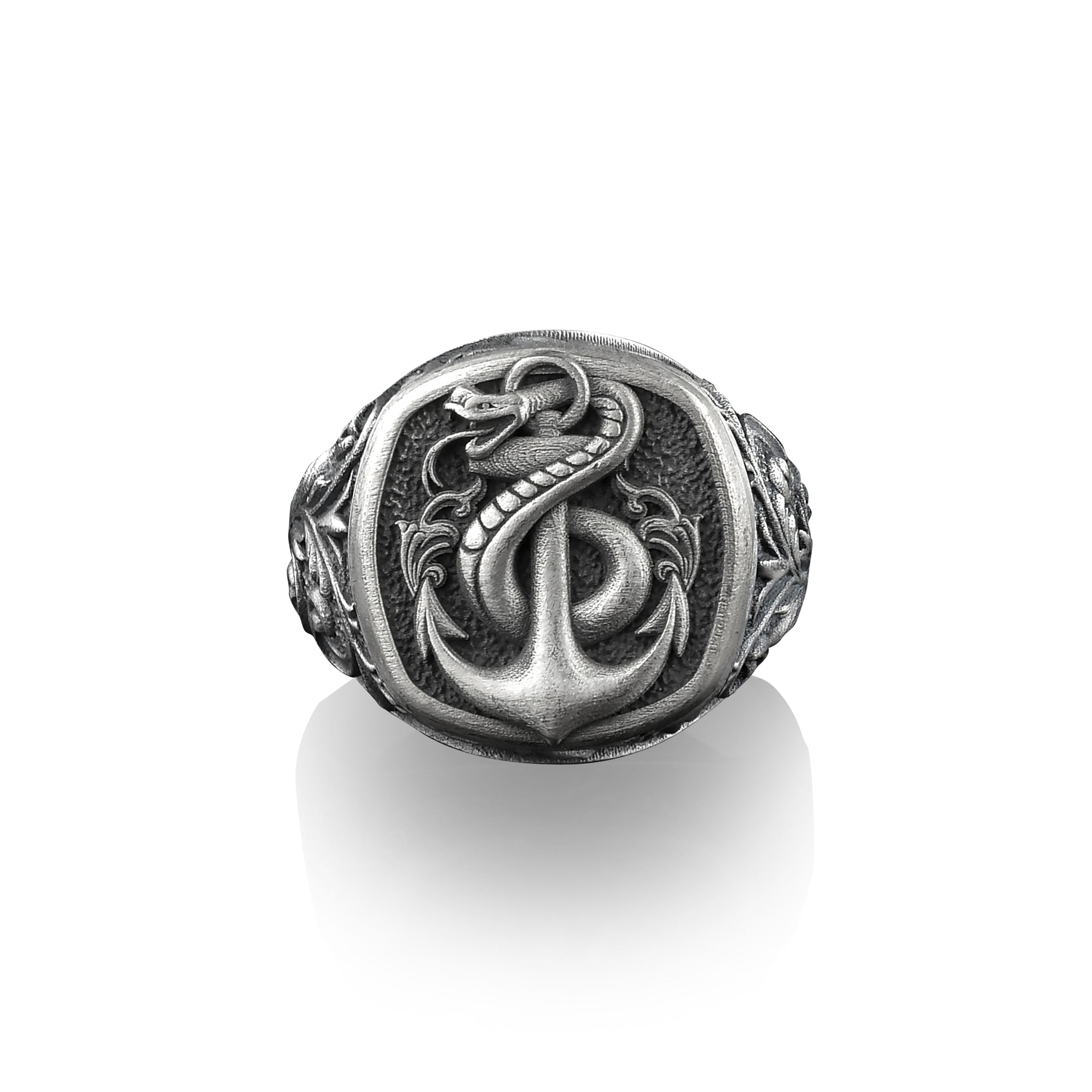 Anchor and Snake Signet Silver Ring for Men, Symbol of Hope and Wisdom Ring, Victorian Pinky ...
