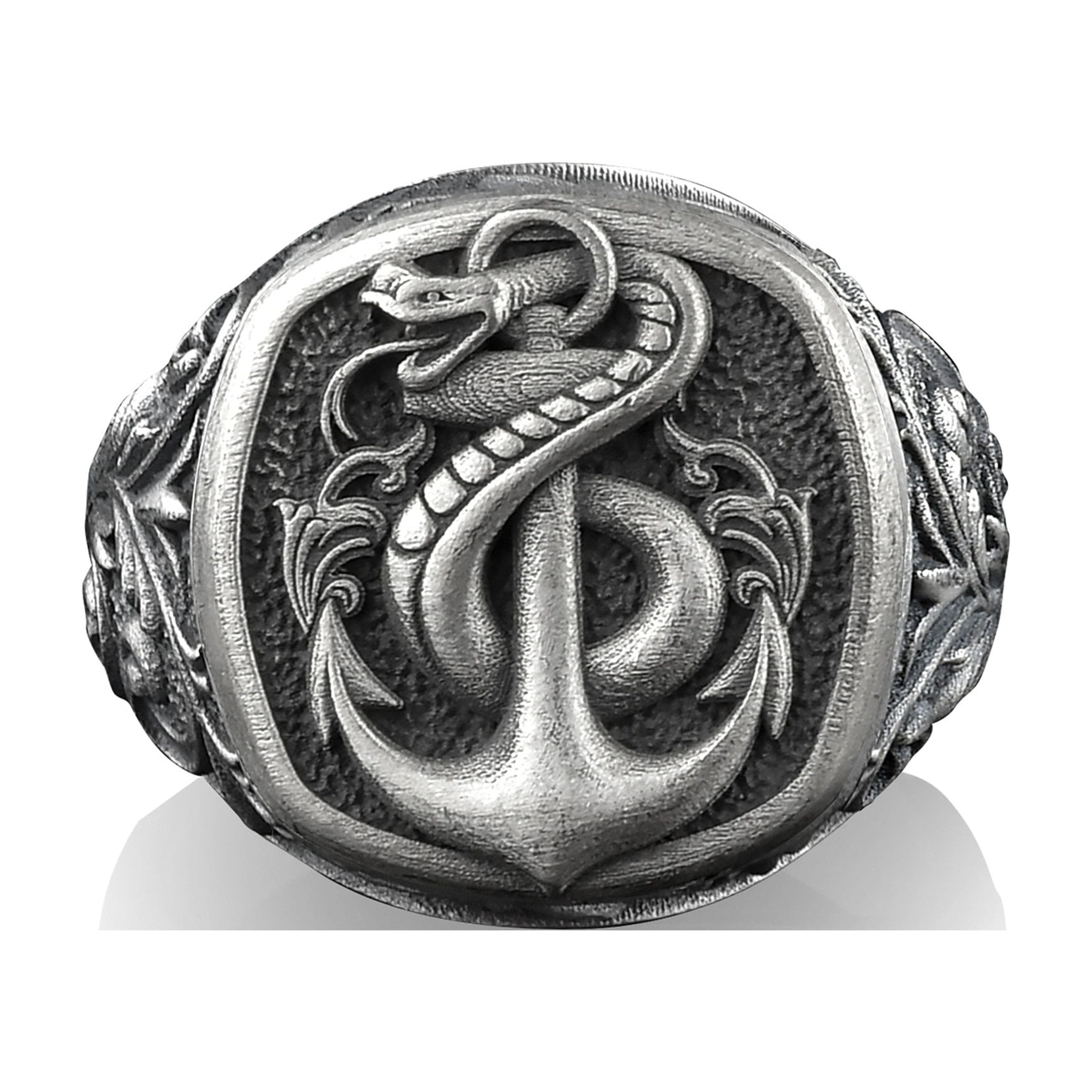 Anchor and Snake Signet Silver Ring for Men, Symbol of Hope and Wisdom Ring, Victorian Pinky ...