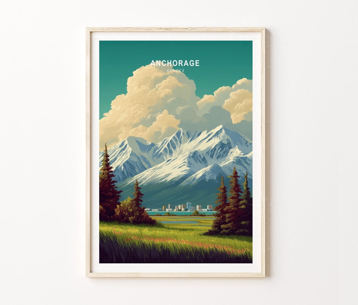 Anchorage Alaska City Skyline Mountain Backdrop Wall Art, Stretched ...