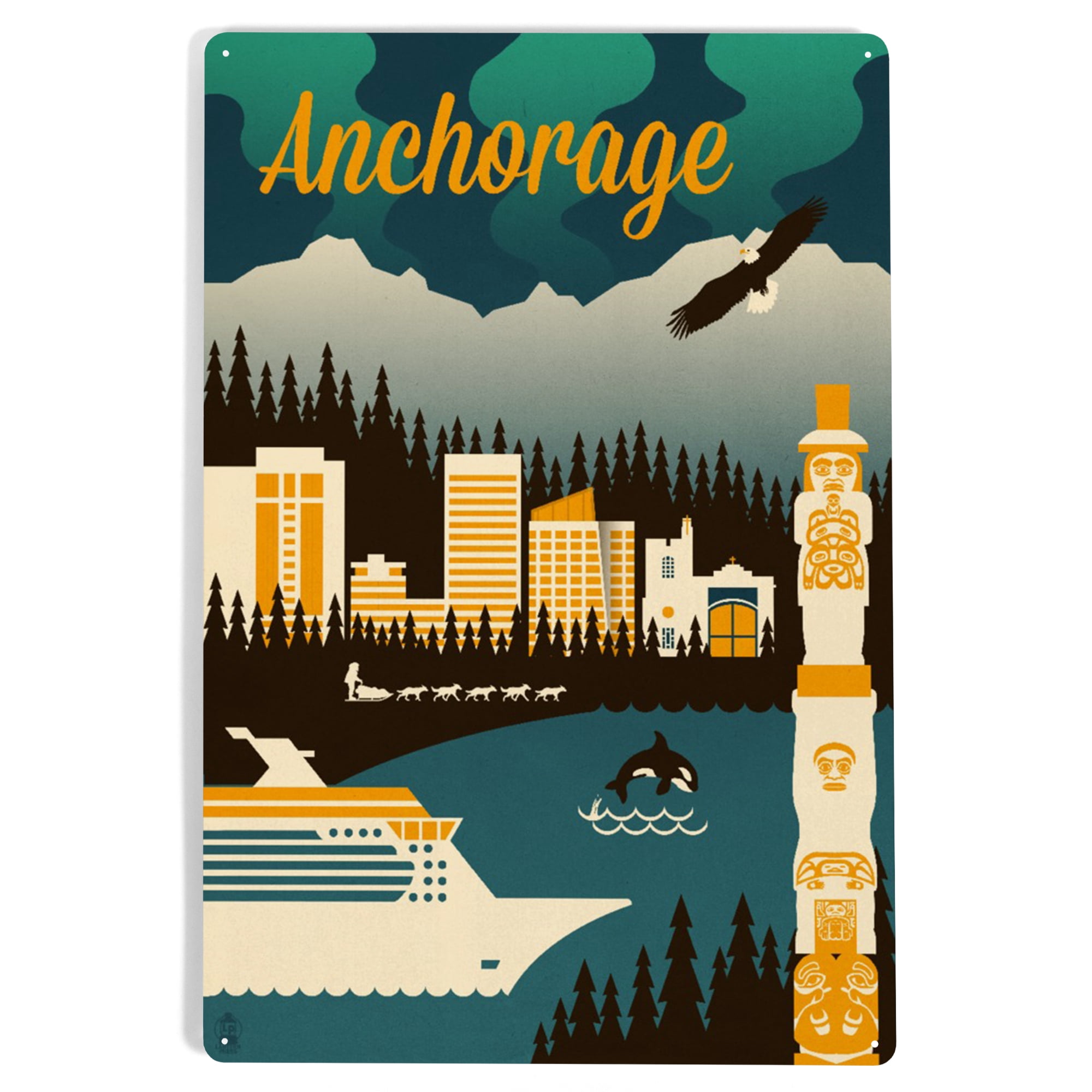 Anchorage, Alaska, Retro Skyline (12x18 Aluminum Art, Indoor Outdoor ...