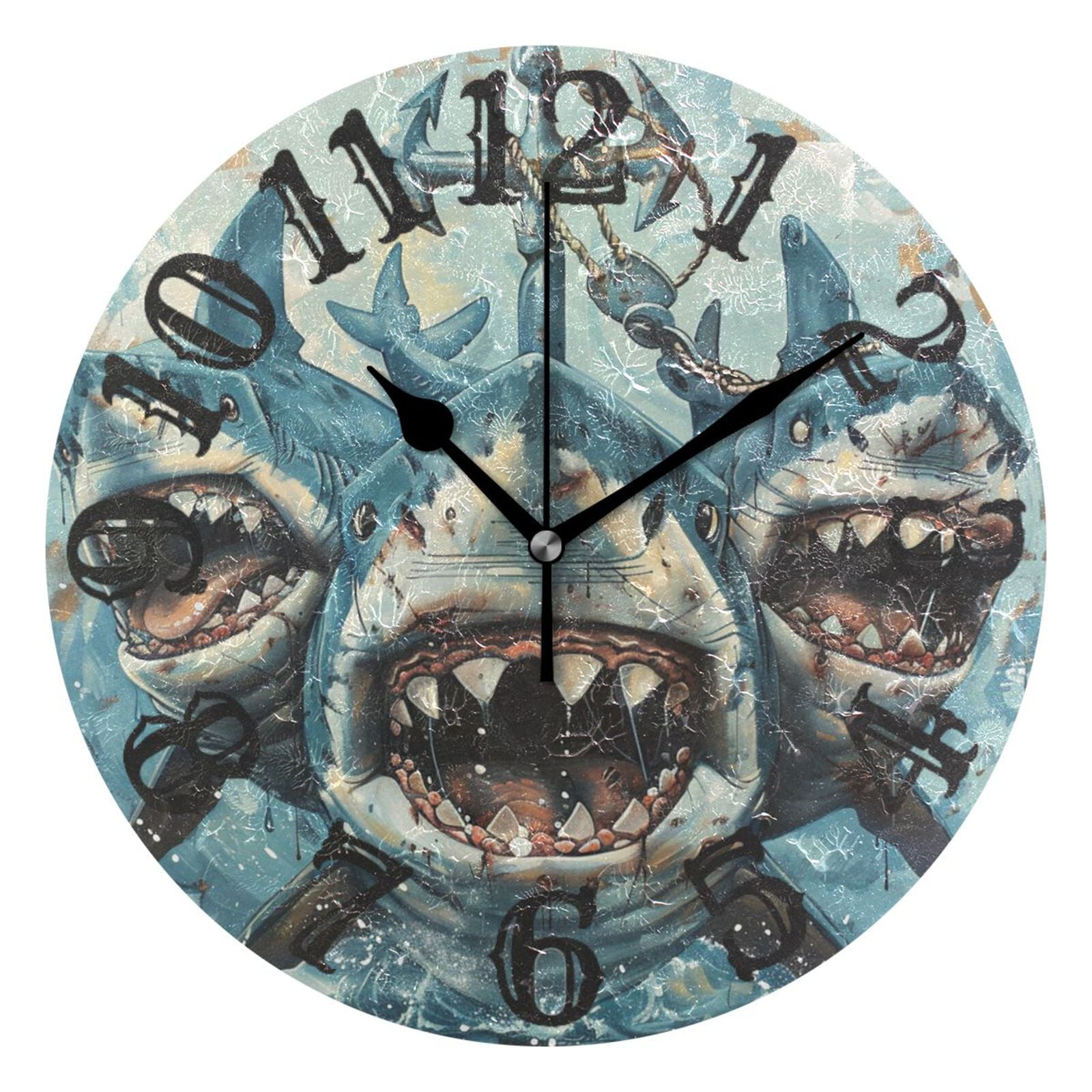Anchors Sharks Wall Clock 10 inch Non-Ticking Easy to Read Decorative ...