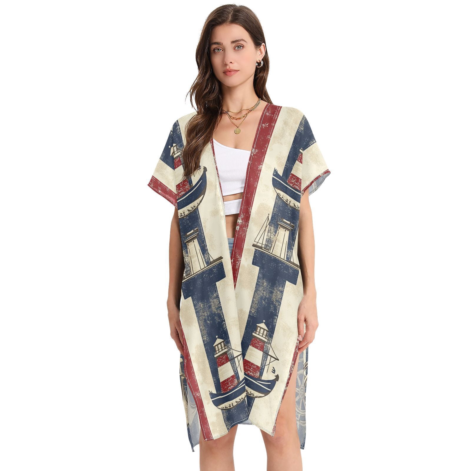 Anchors Ship Wheels Women Swimsuit Cover up V Neck Beach Dress Short ...