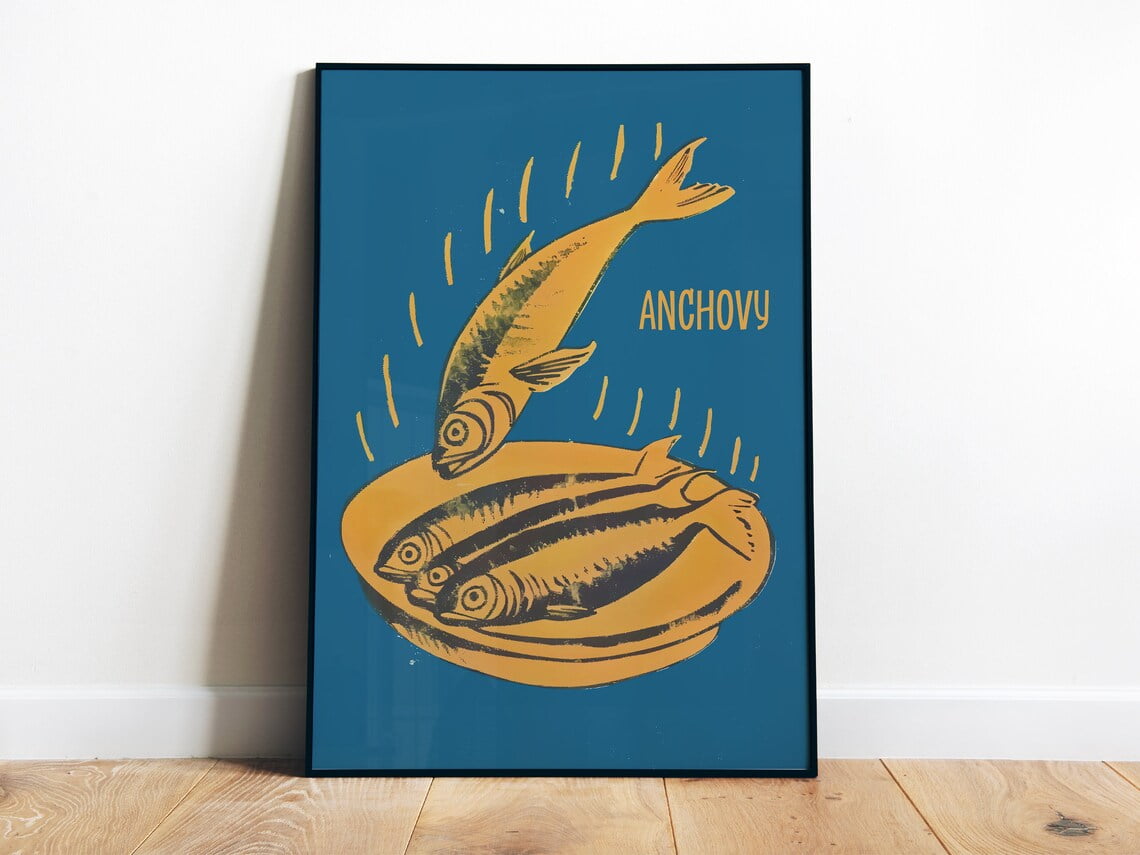 Anchovies Poster Blue Fish Kitchen Wall Art Sardine Poster Seafood ...