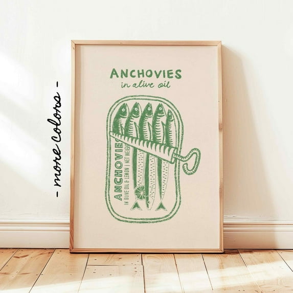 Anchovies Tin Print, Retro Sage Green Sardine Poster, Vintage Kitchen ...