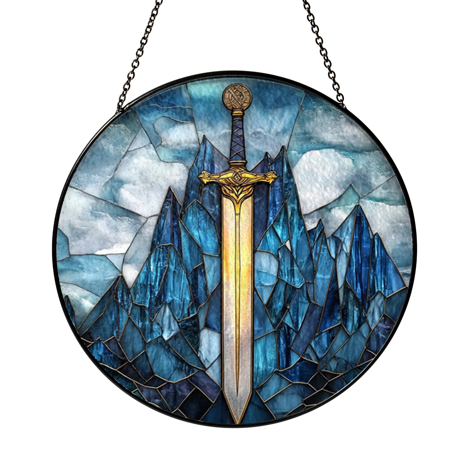 Ancient Blade Mountain Scene Stained Glass Style Window Hanging ...