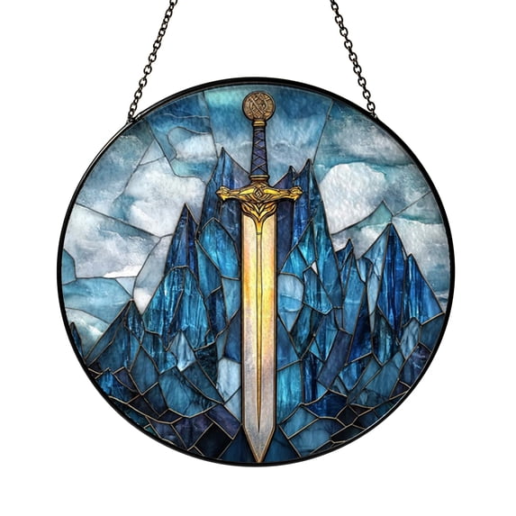 Ancient Blade Mountain Scene Stained Glass Style Window Hanging ...