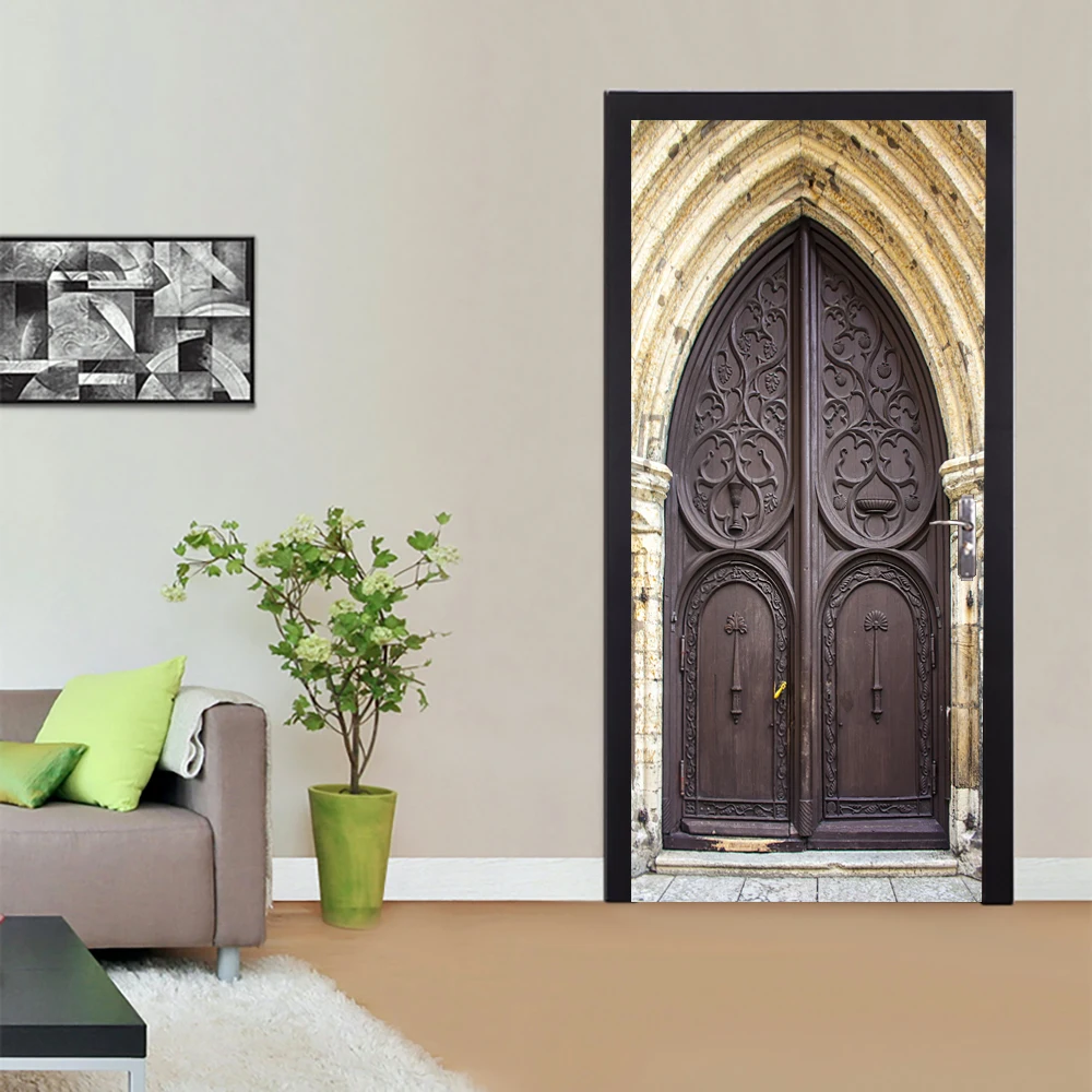 Ancient Building Door Stickers Wooden Door Vinyl PVC Waterproof Self ...
