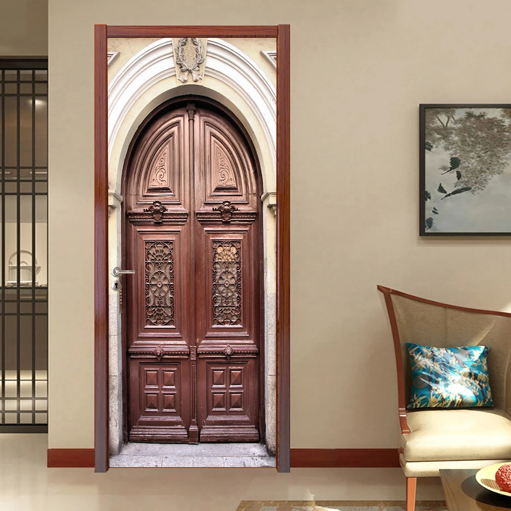 Ancient Building Door Stickers Wooden Door Vinyl PVC Waterproof Self ...