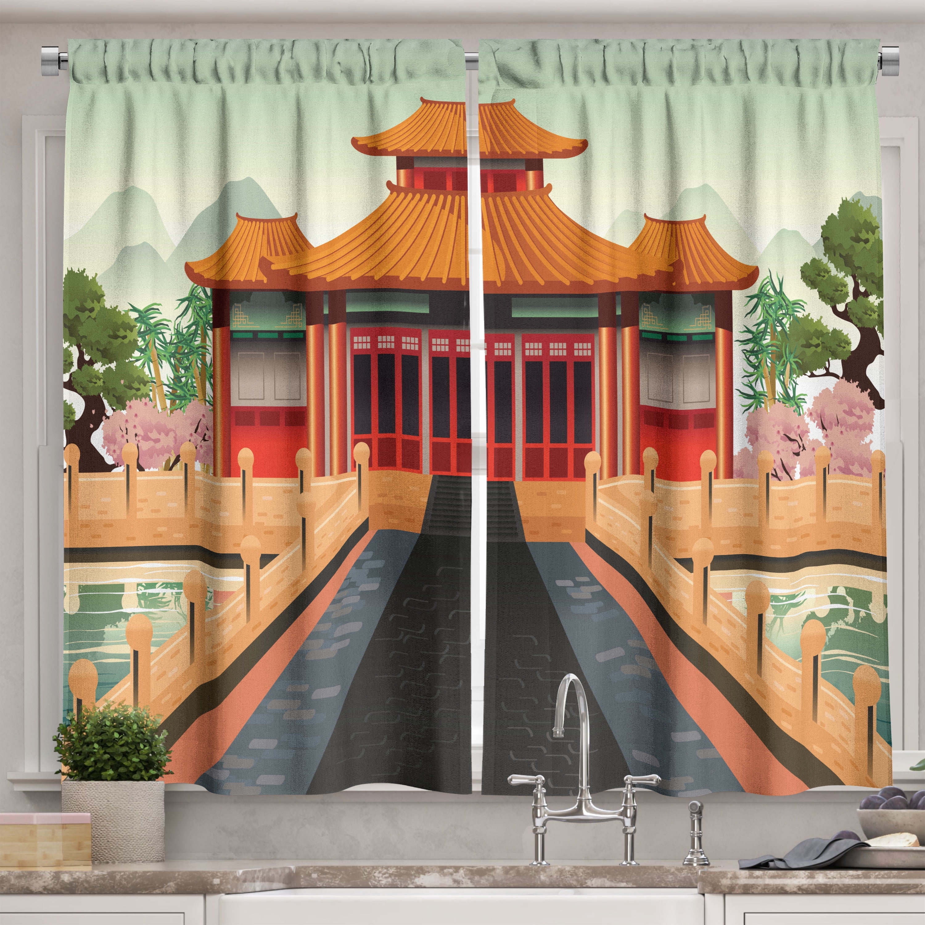 Ancient China Curtains 2 Panels Set, Chinese Temple Illustration in ...