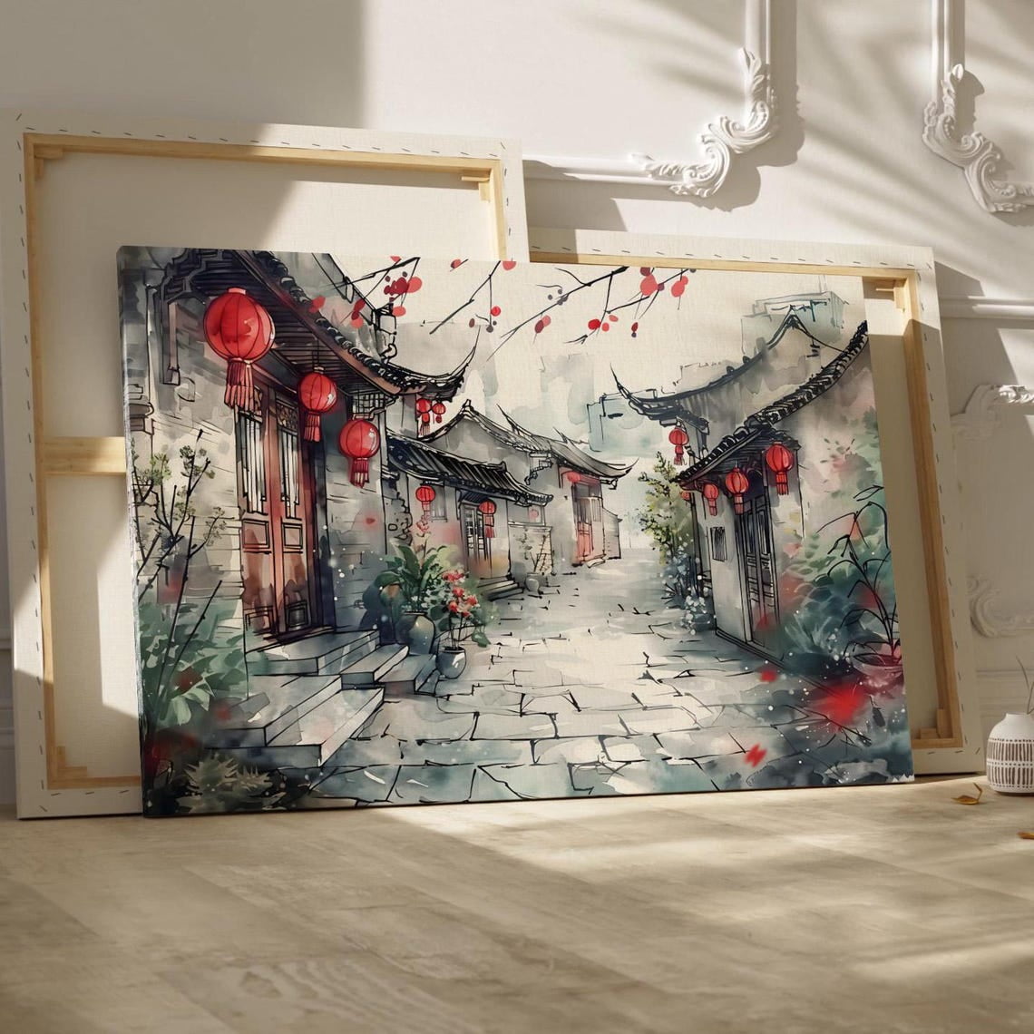 Ancient Chinese Street Scene Wall Art, Vintage Architecture Decor ...