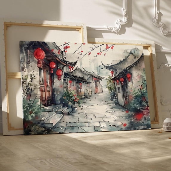 Ancient Chinese Street Scene Wall Art, Vintage Architecture Decor ...