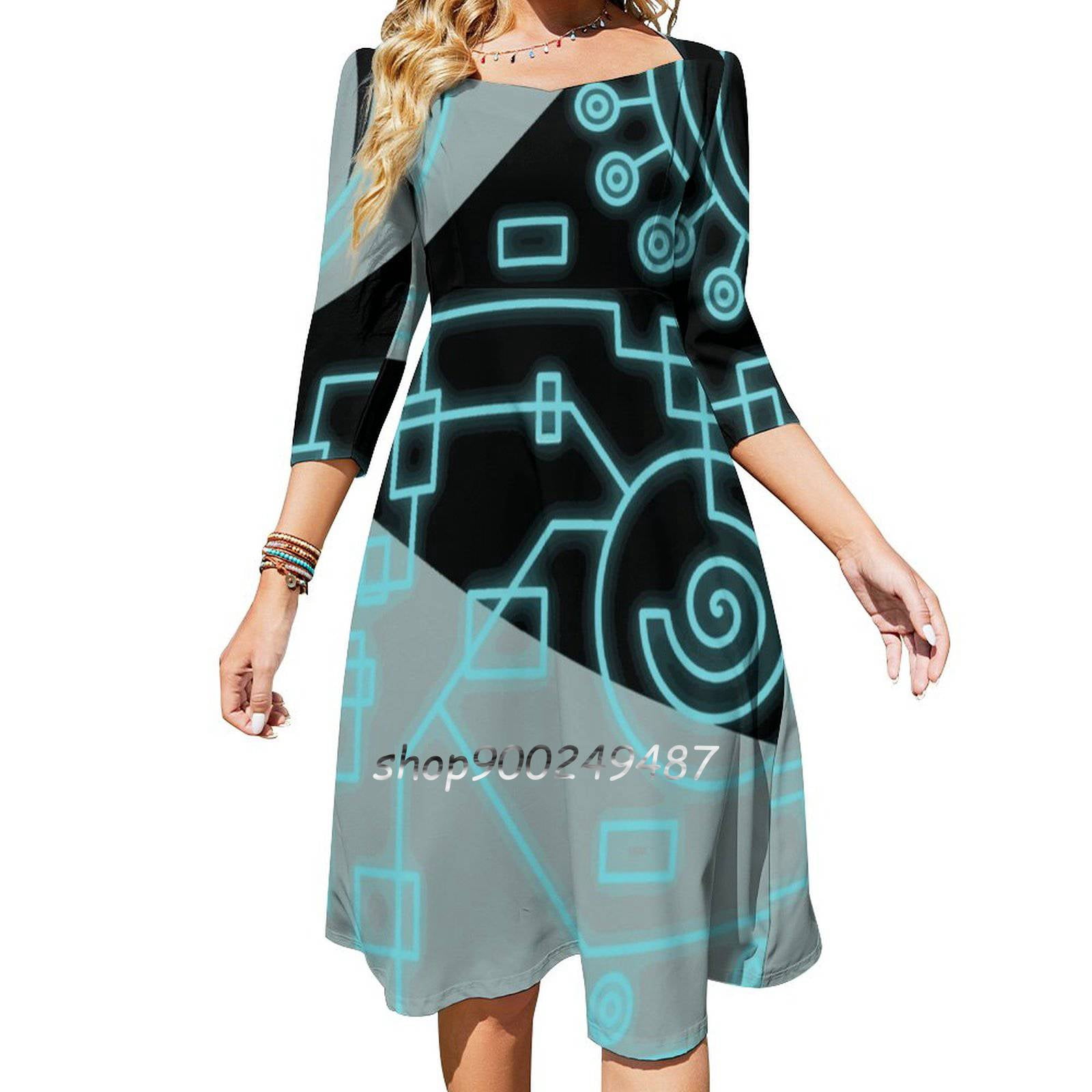 Ancient Circuits Square Neck Dress Cute Loose Print Dresses Elegant ...