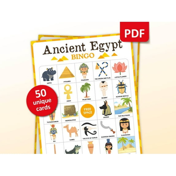 Ancient Egypt Bingo, 50 Bingo Cards, Egyptian Theme Party Game, History ...