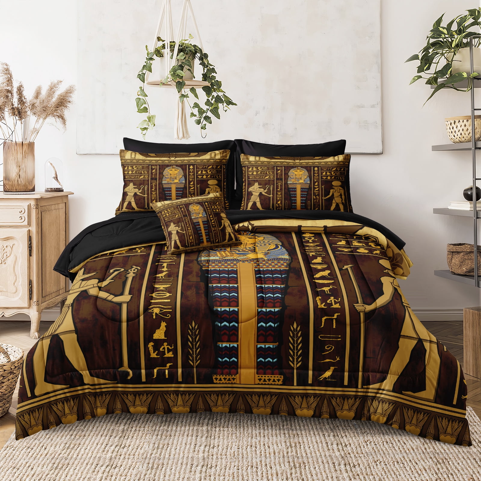 Ancient Egypt Comforter Set Black Gold Bedding Set Pharaoh Tribal Retro ...