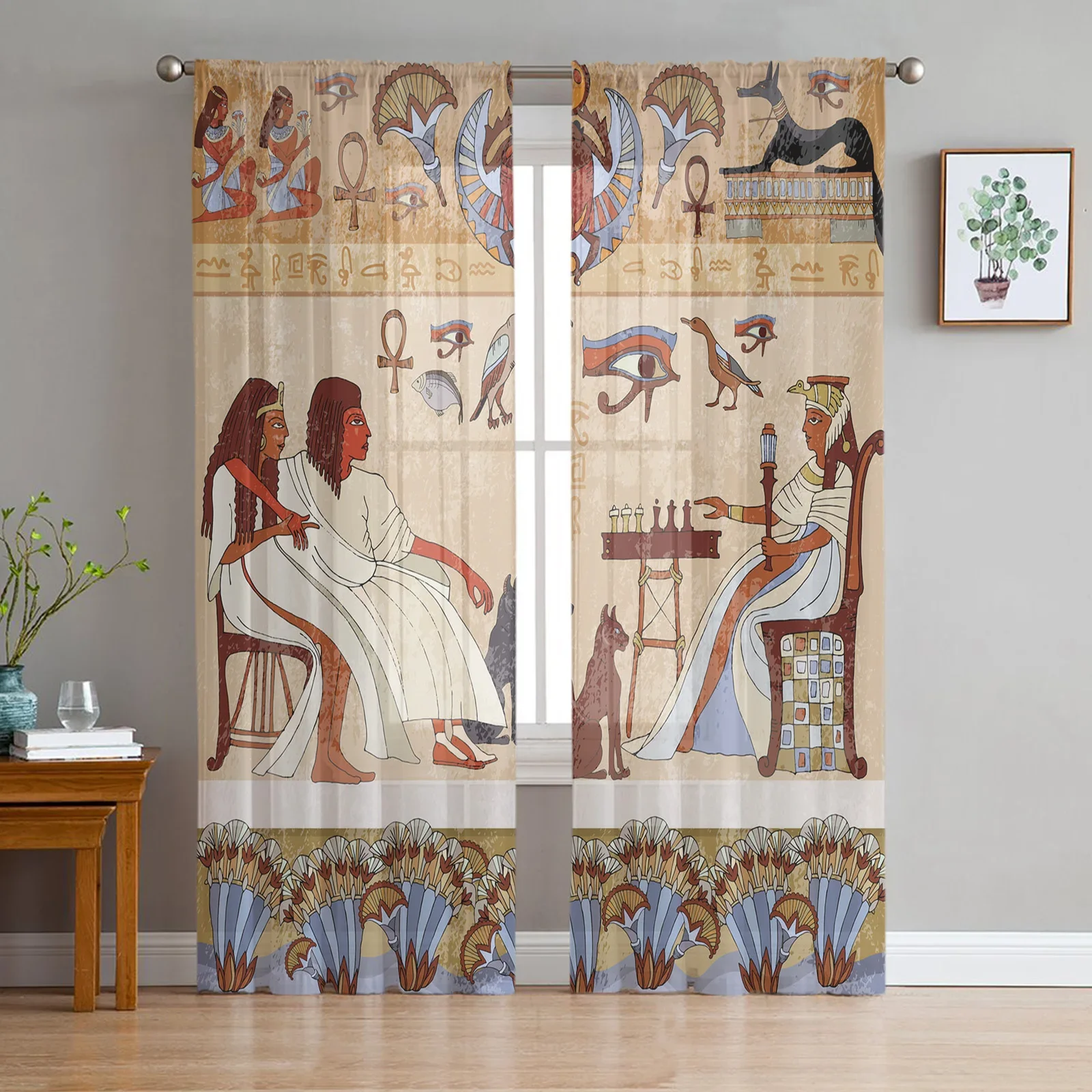 Ancient Egypt Retro Totem Mural Chiffon Sheer Curtains for Living Room ...