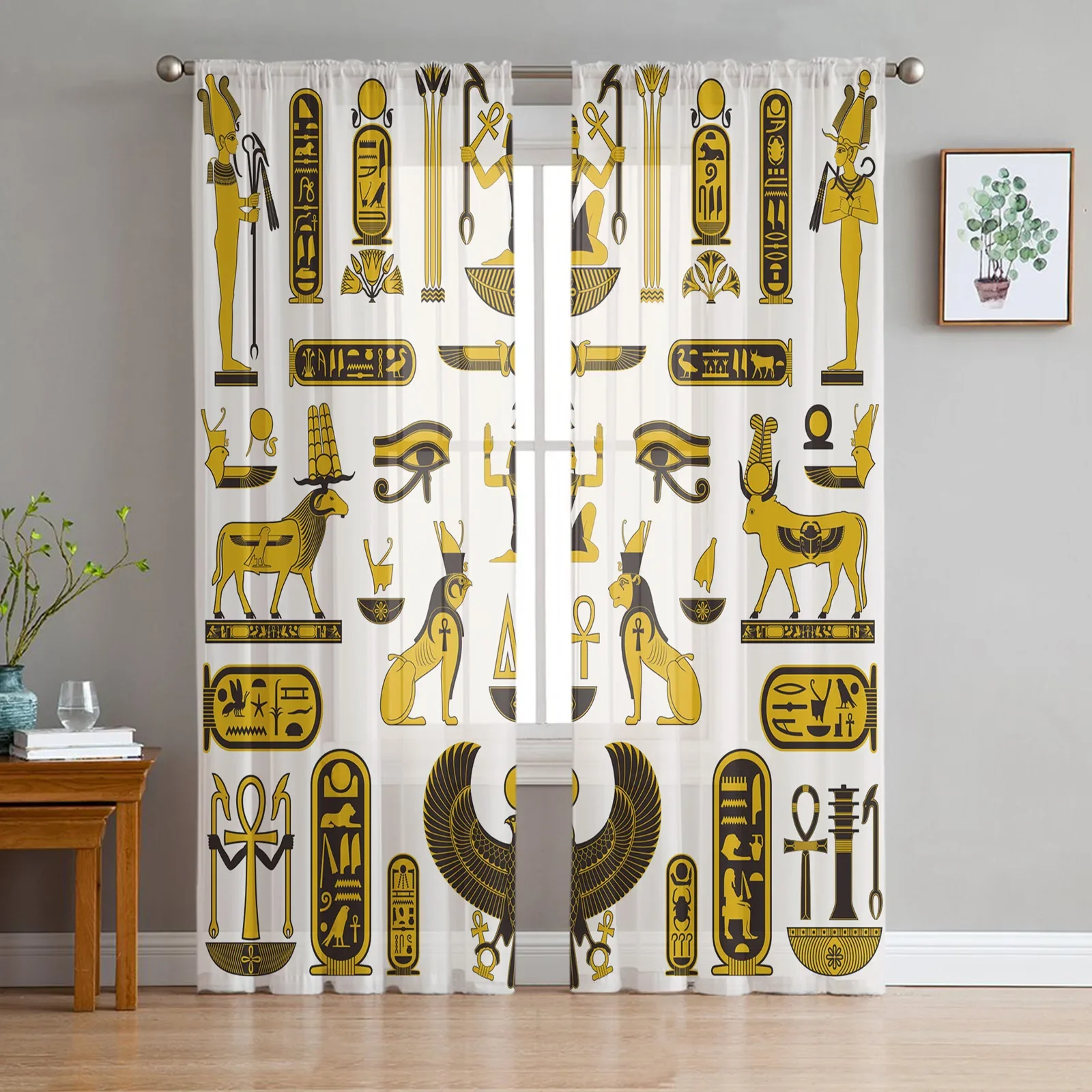 Ancient Egypt Retro Totem Mural Chiffon Sheer Curtains for Living Room ...