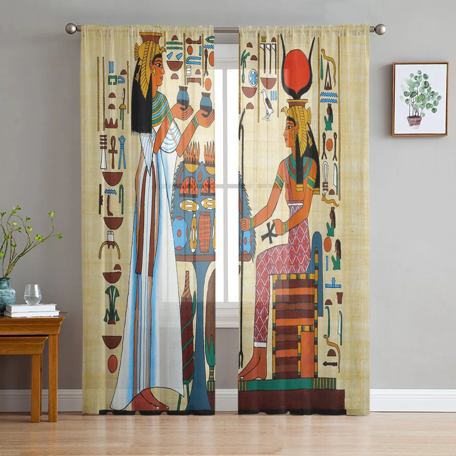 Ancient Egypt Retro Totem Mural Chiffon Sheer Curtains for Living Room ...