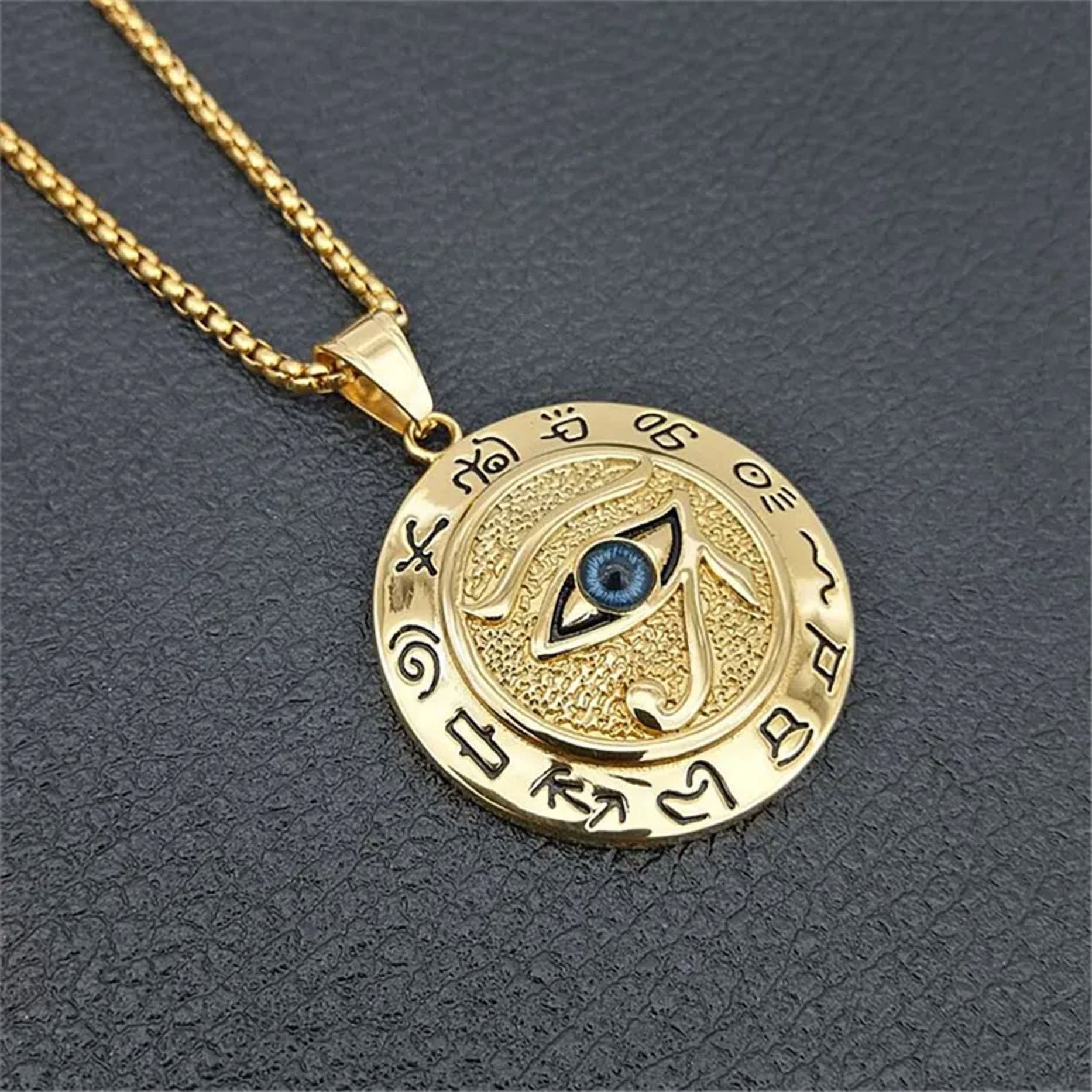 Ancient Egypt Round Jewelry Collares 14K Yellow Gold Chain Egyptian Eye ...