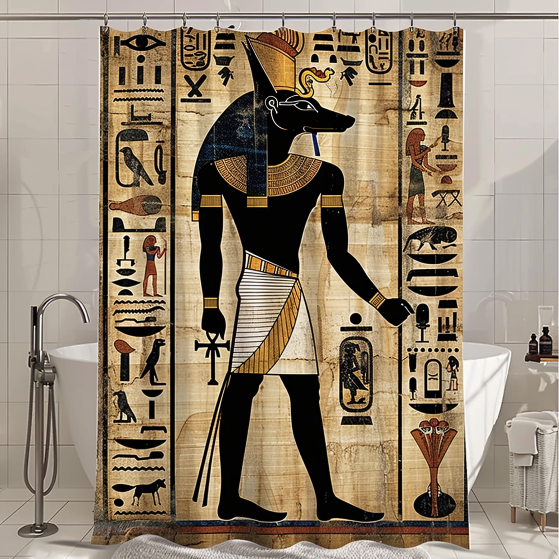 Ancient Egyptian Anubis Design Shower Curtain Vintage Beige Bathroom ...