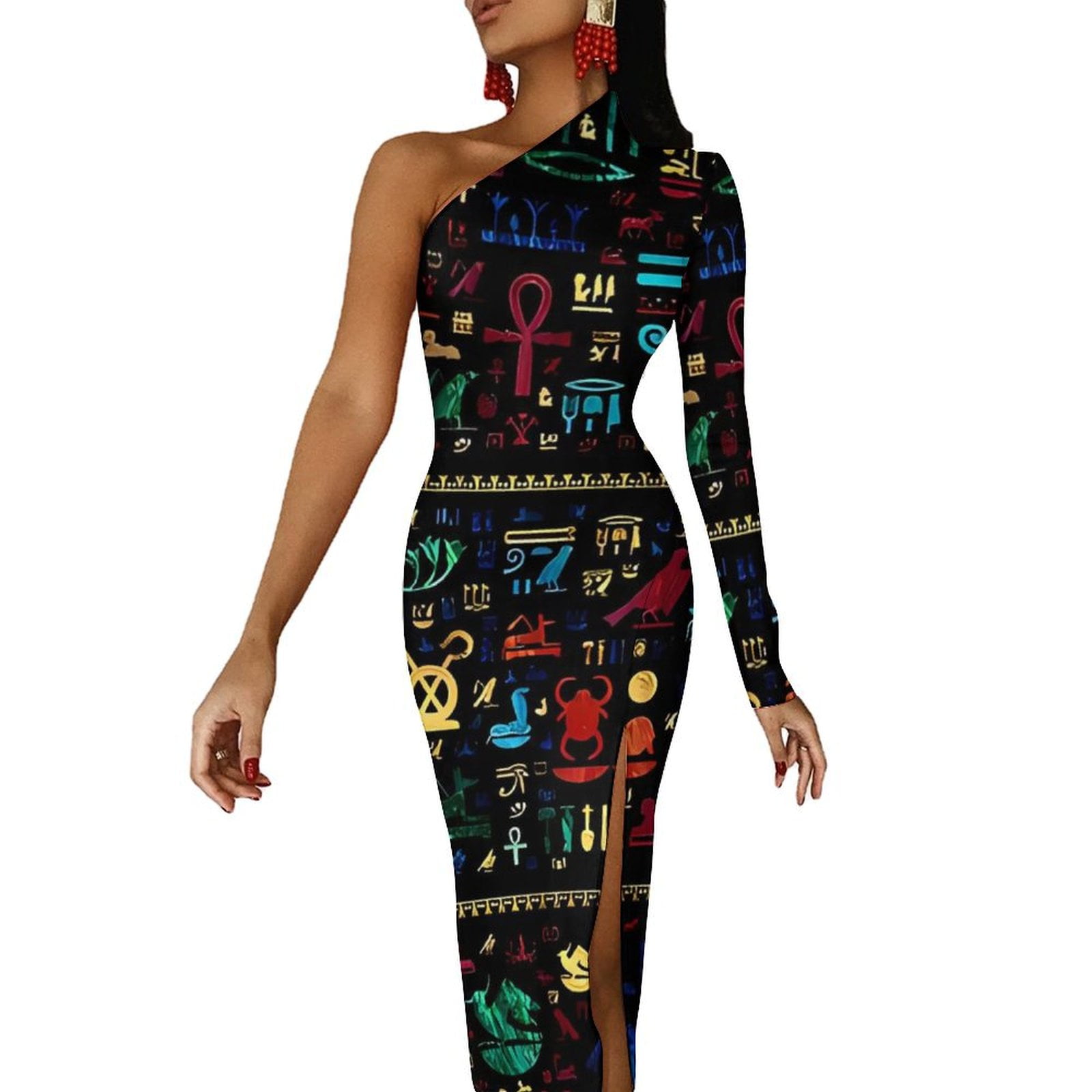 Ancient Egyptian Art Bodycon Dress Spring Night Club Side Split Long ...