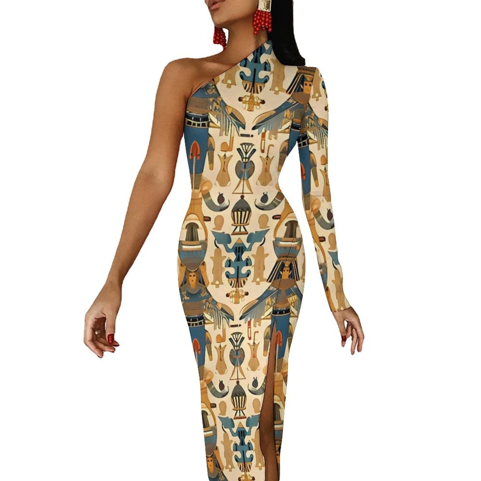 Ancient Egyptian Art Bodycon Dress Spring Night Club Side Split Long ...