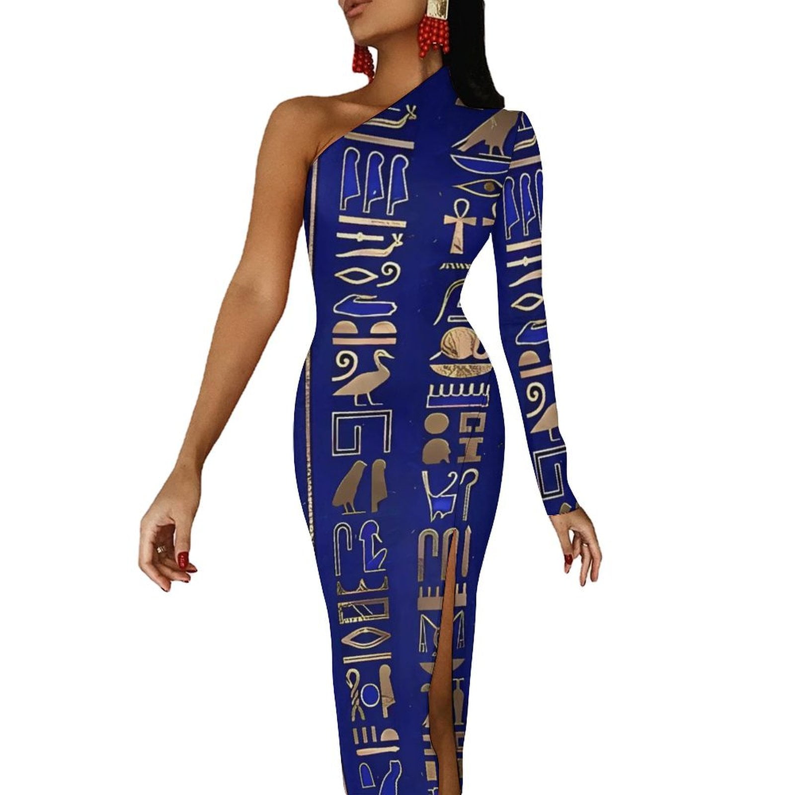 Ancient Egyptian Art Bodycon Dress Spring Night Club Side Split Long ...