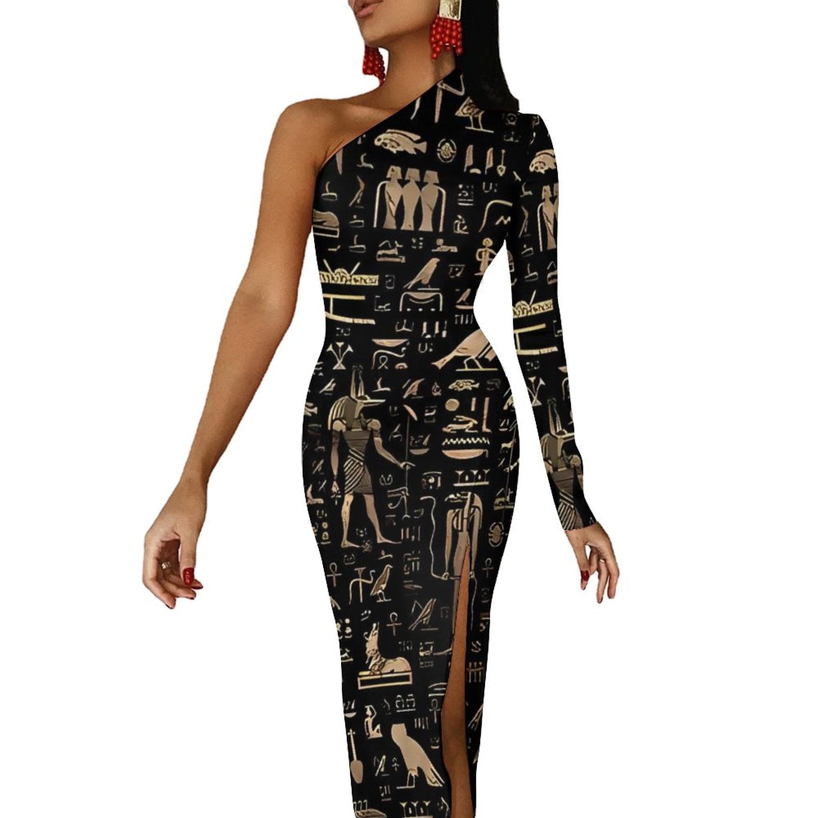 Ancient Egyptian Art Bodycon Dress Spring Night Club Side Split Long ...
