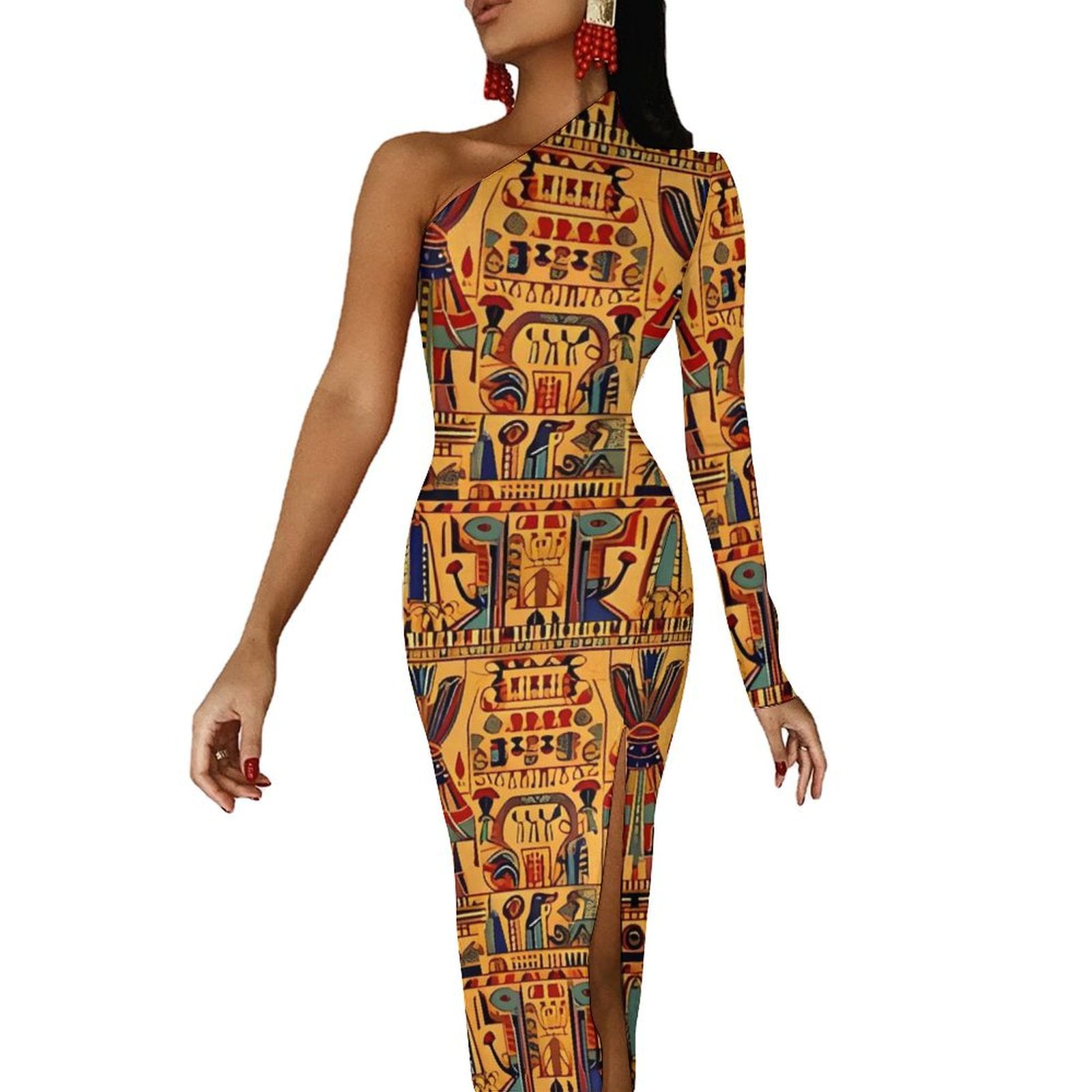 Ancient Egyptian Art Bodycon Dress Spring Night Club Side Split Long ...