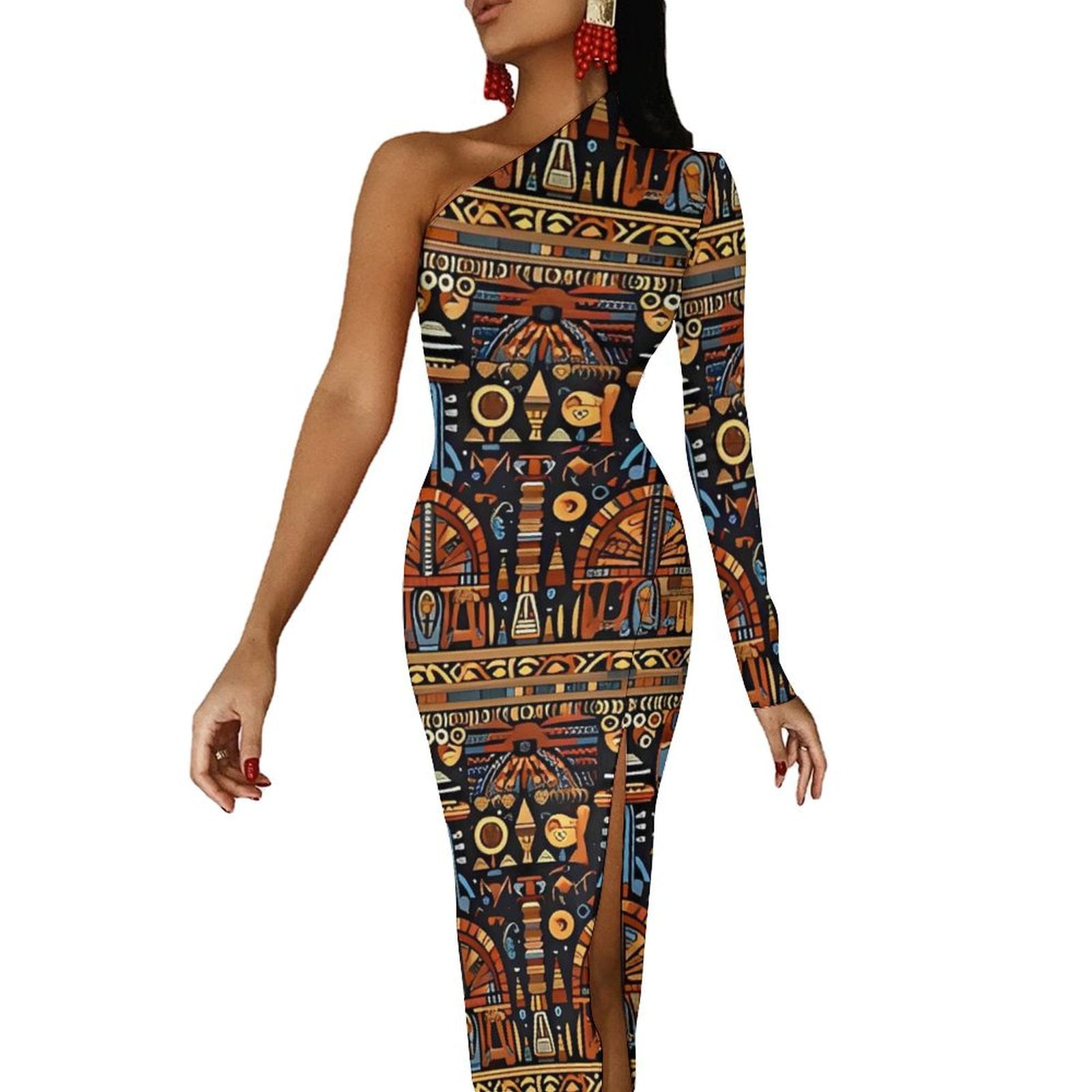 Ancient Egyptian Art Bodycon Dress Spring Night Club Side Split Long ...