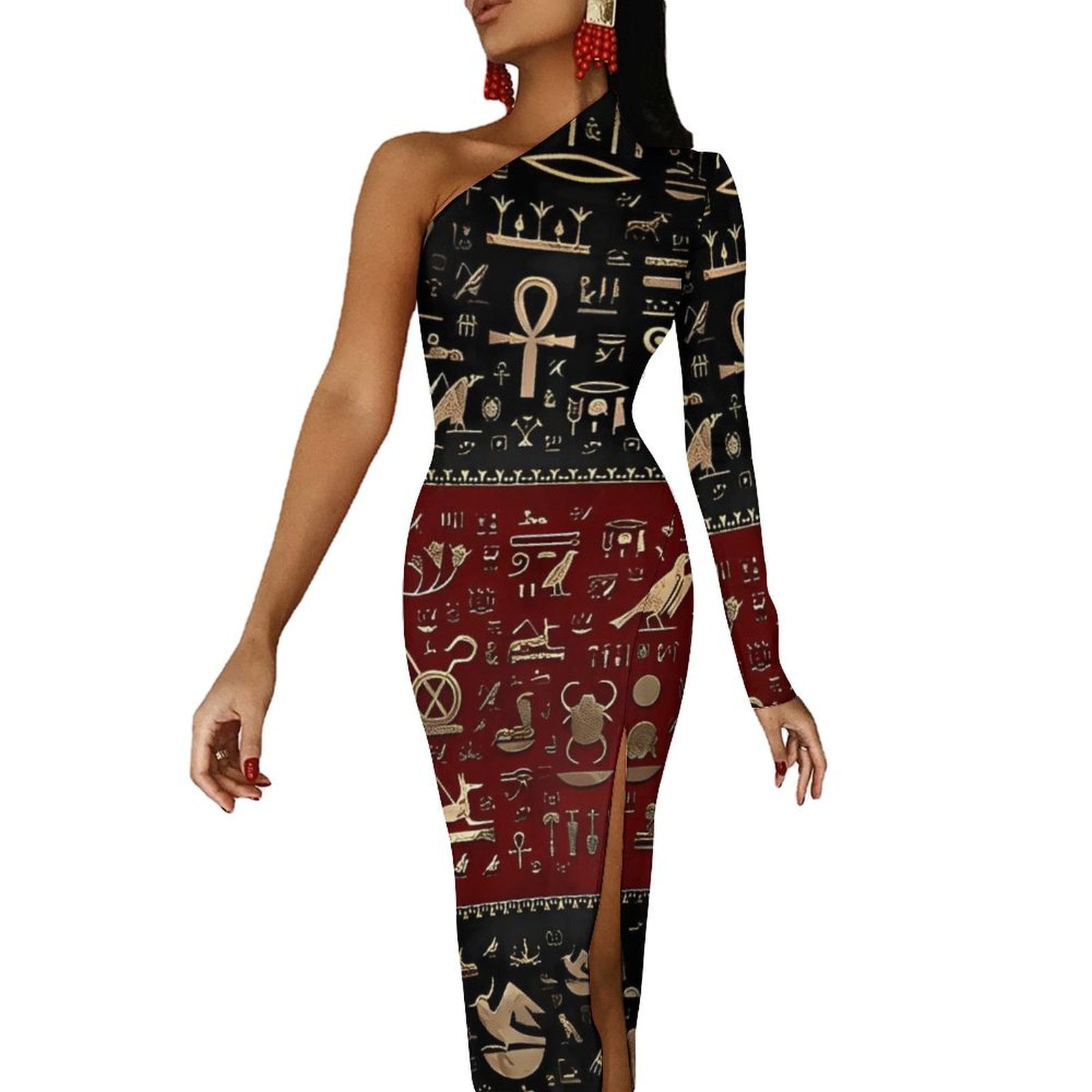 Ancient Egyptian Art Bodycon Dress Spring Night Club Side Split Long ...