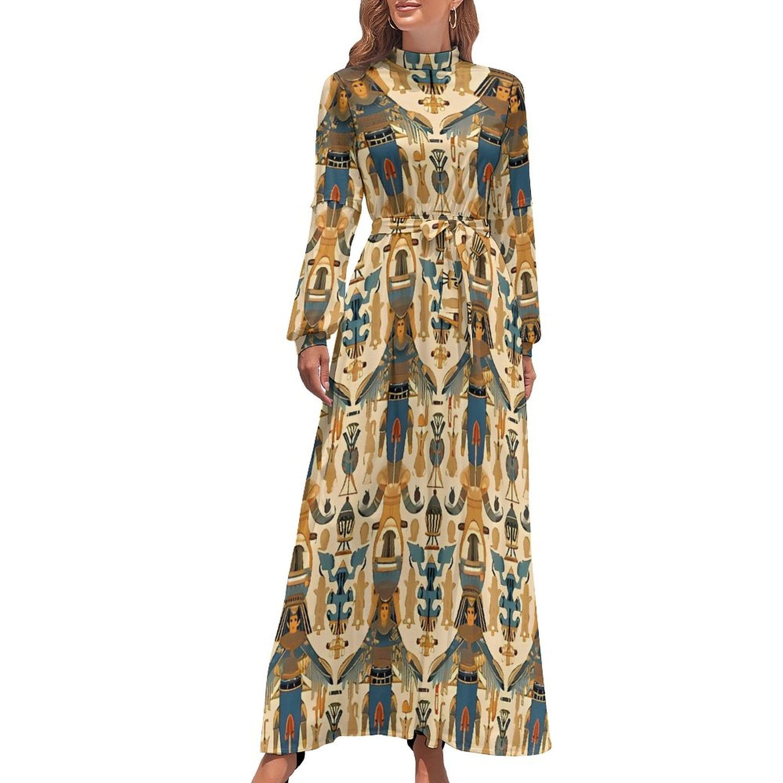 Ancient Egyptian Art Hieroglyphs Dress Long Sleeve Black Red Maxi Dress ...