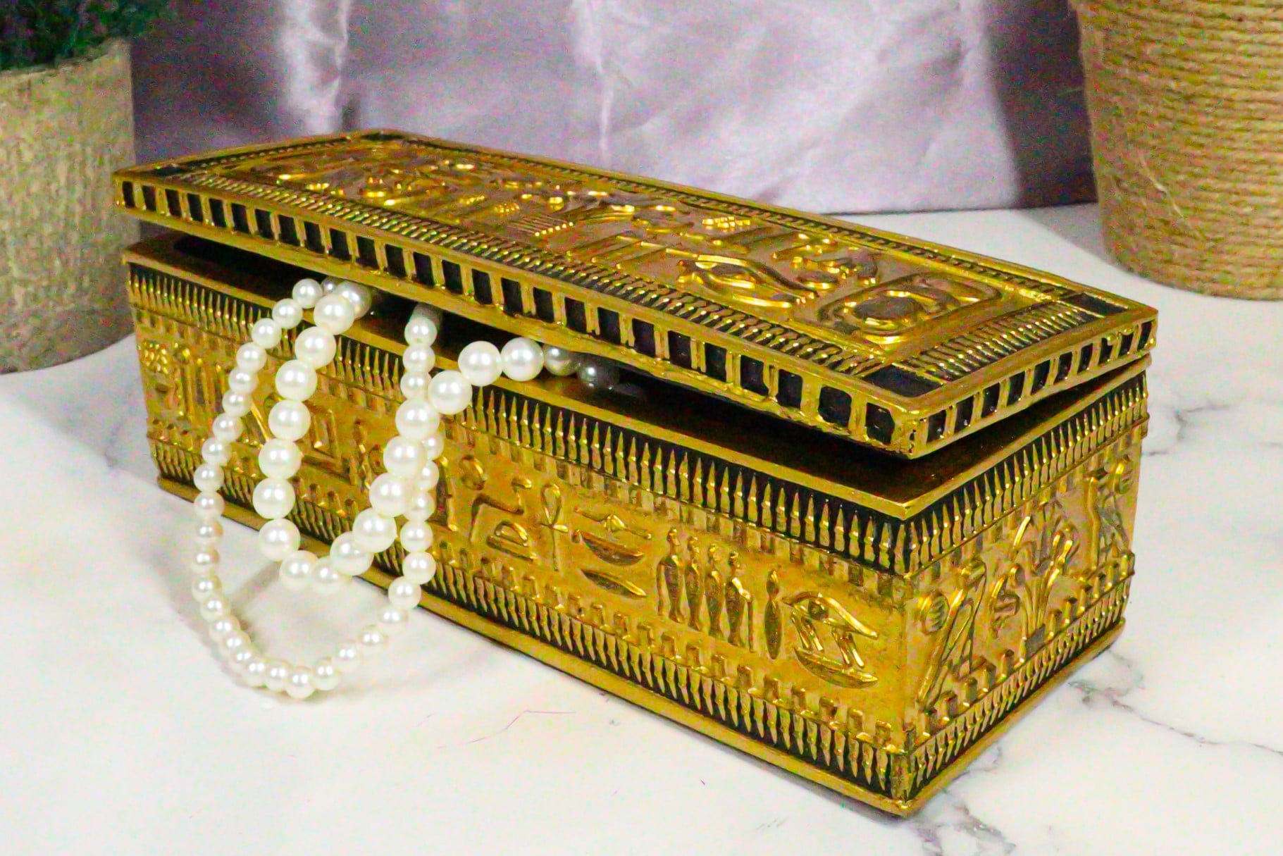 Ancient Egyptian Classical Black And Gold Ornate Hieroglyphic Hinged ...