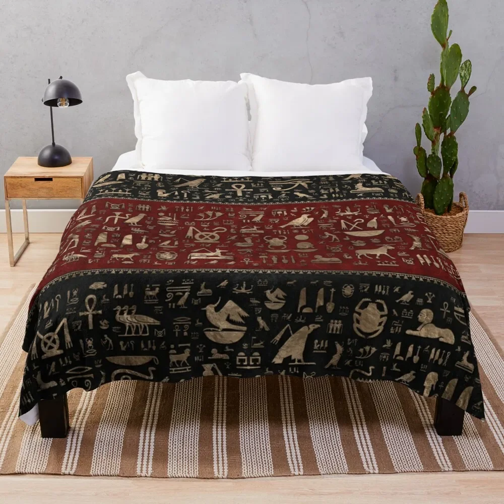 Ancient Egyptian hieroglyphs - Black and Red Leather and gold Throw ...