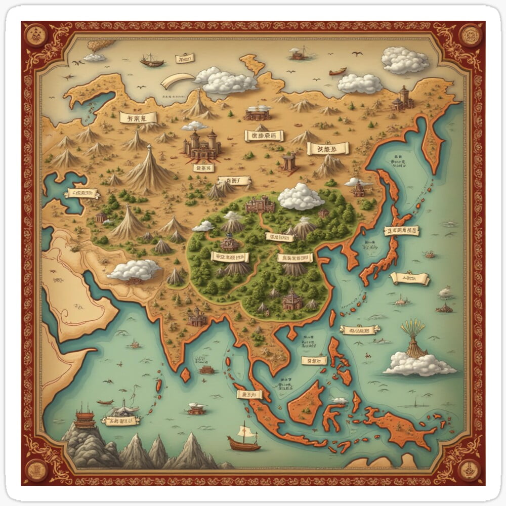 Ancient Fantasy World Map - Vintage Asian Style Sticker Phone Decal ...