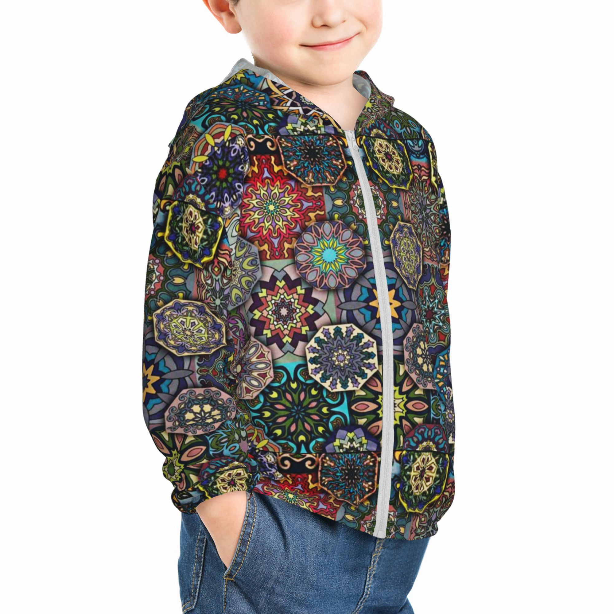 Ancient Floral Mandala Tribal Kids Zip-Up Hoodie Girls Boys Sun Protection Jacket Hooded Cooling ...