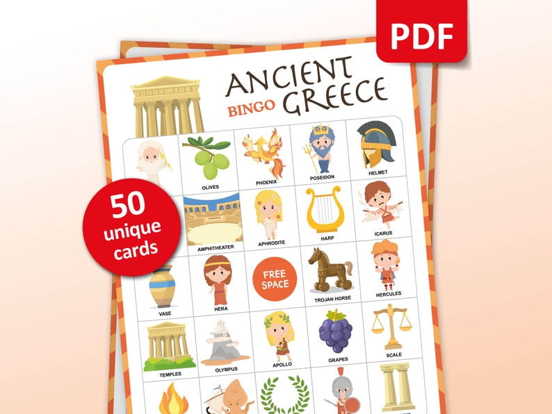Ancient Greece Bingo, 50 Bingo Cards, Greek Theme Party Game, History ...