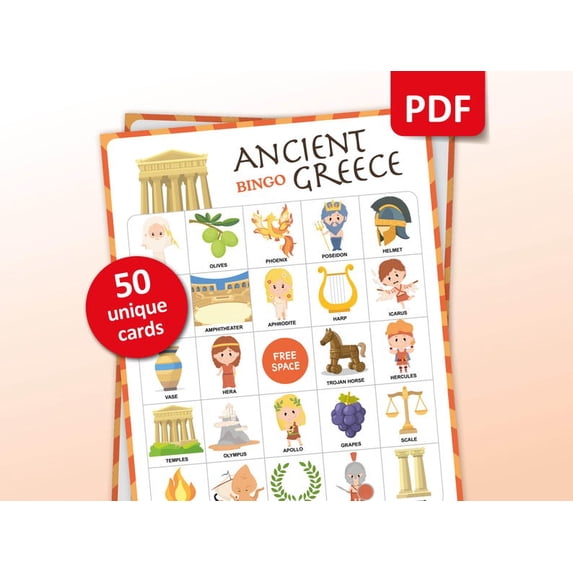 Ancient Greece Bingo, 50 Bingo Cards, Greek Theme Party Game, History ...
