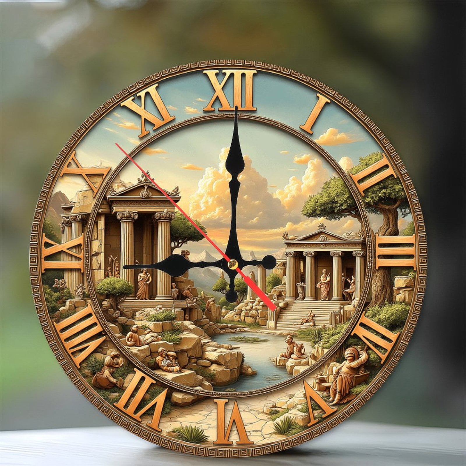 Ancient Greece Roman Wall Clock Temple Scene 10-Inch Silent Wooden Wall ...