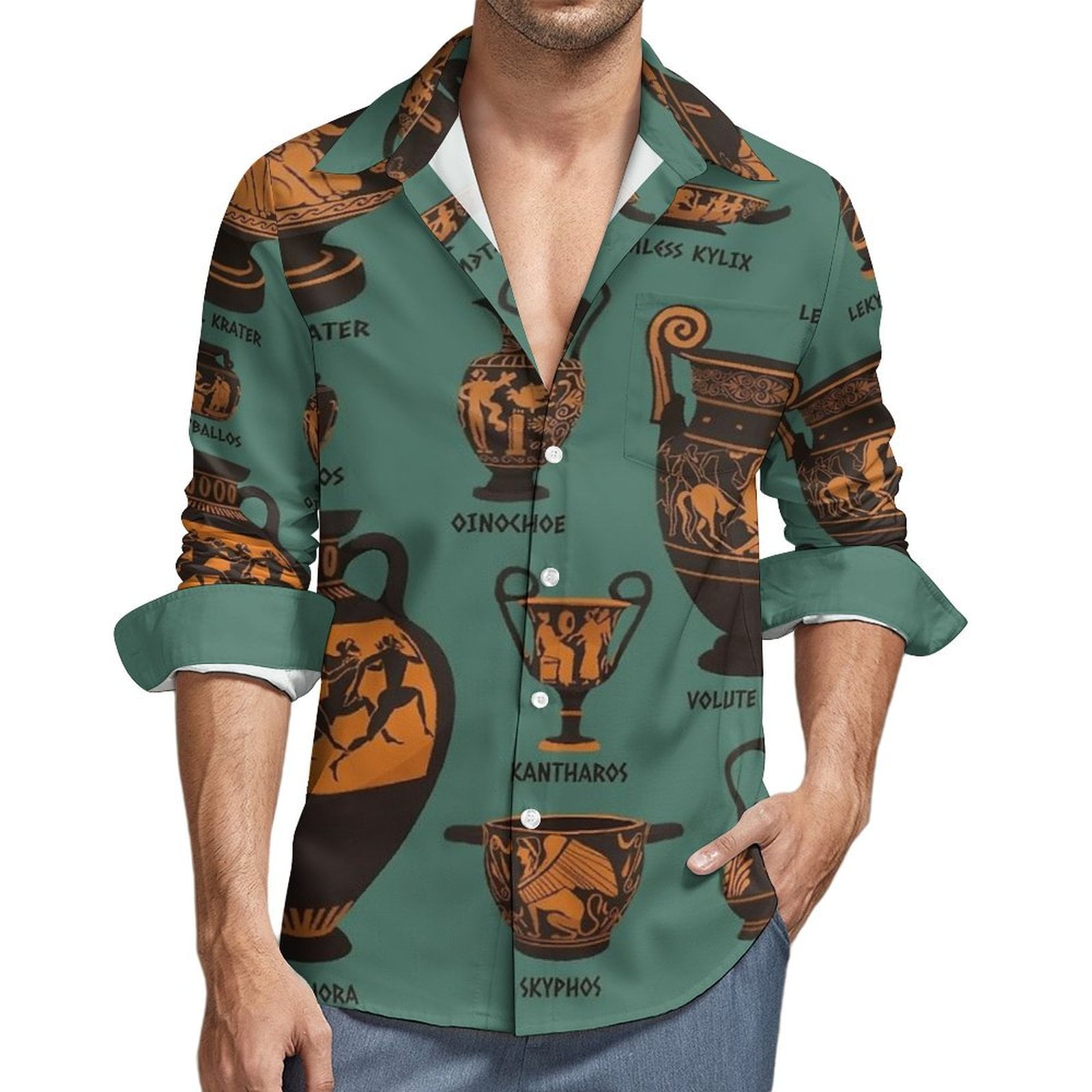 Ancient Greek Pottery Hawaiian Shirt for Men Long Sleeve Button Down ...