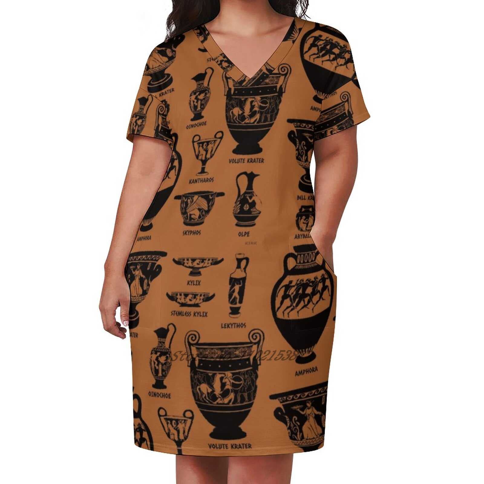 Ancient Greek Pottery Loose Pocket Dress Women'S Printed Dresses V Neck ...